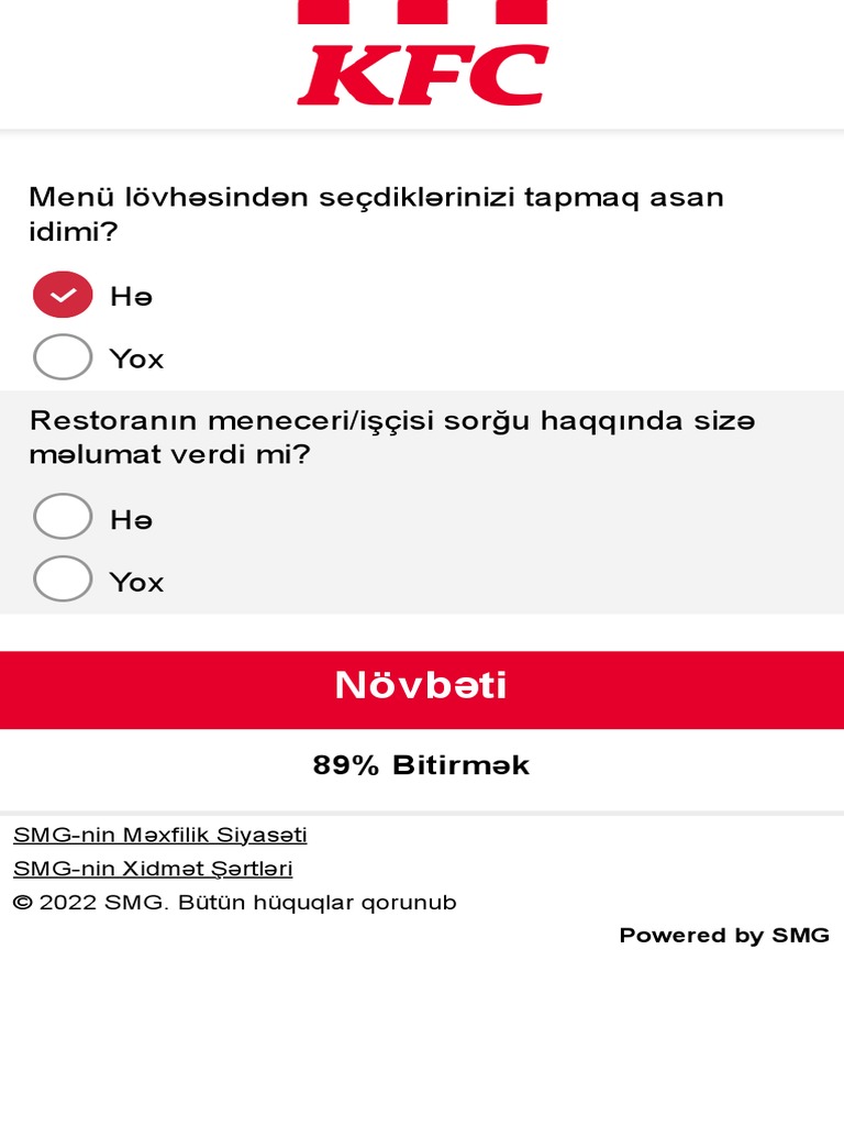 KFC Azərbaycan Guest Experience Survey - Təşəkkür Edirik! - 89 Bitirmək ...