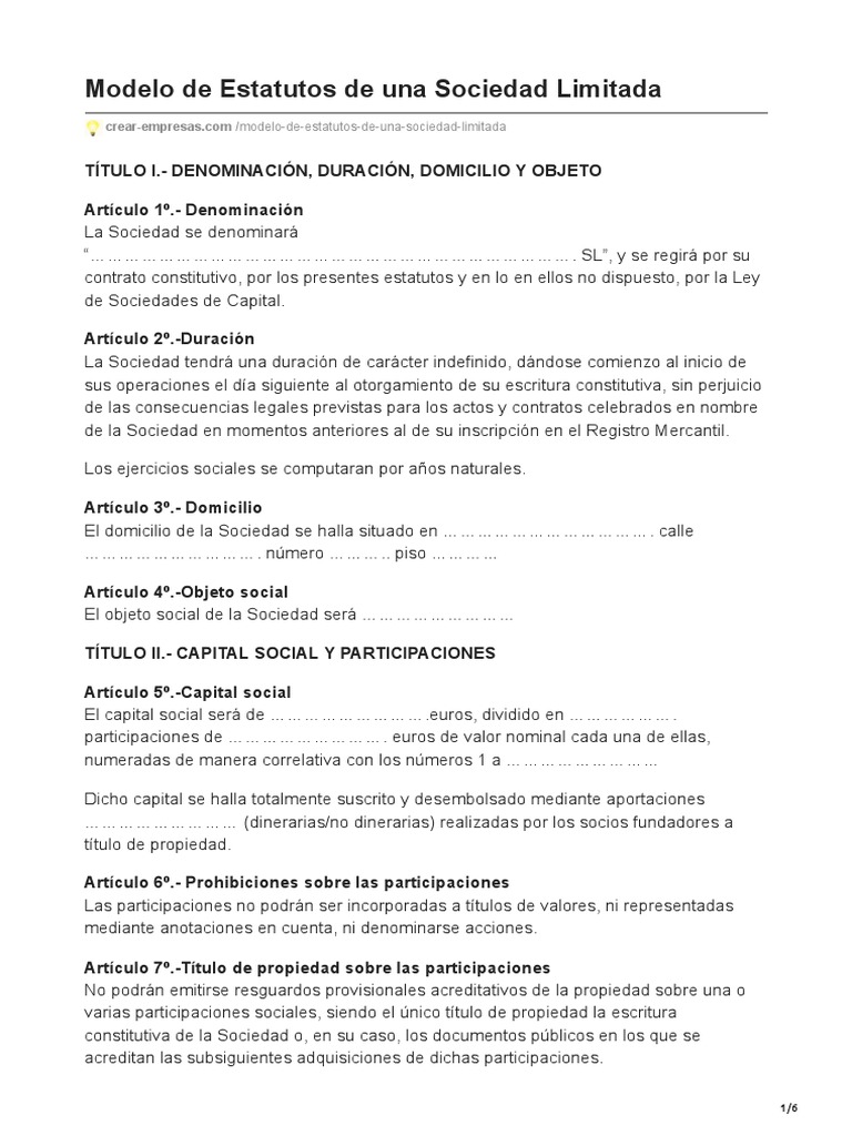 Estatuto de Una Sociedad Limitada PDF | PDF | Sociedad de responsabilidad limitada | Negocios ...