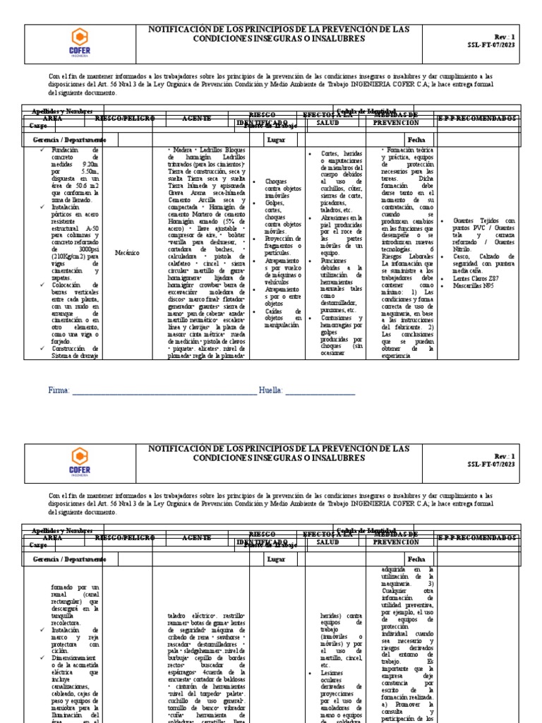 Principios de Prevención de Condiciones Inseguras e Insalubres por ...