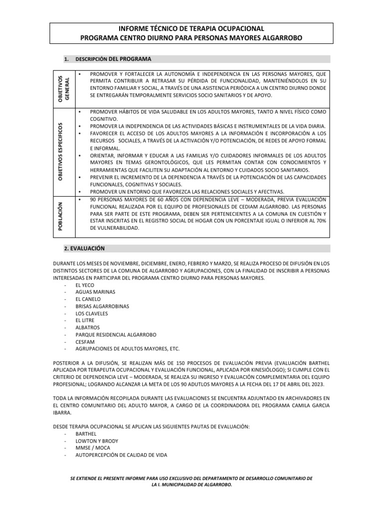 Informe Técnico Terapia Ocupacional | PDF | Terapia ocupacional | Vejez