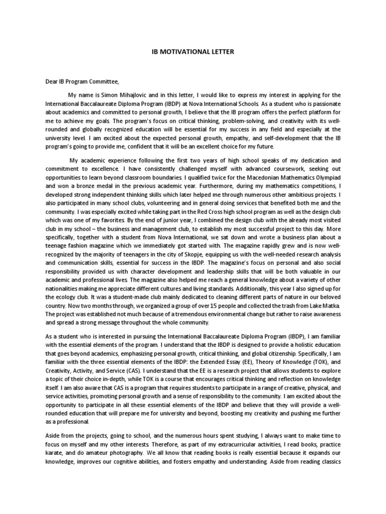 IB Motivational Letter - Why IB is Perfect Fit | PDF