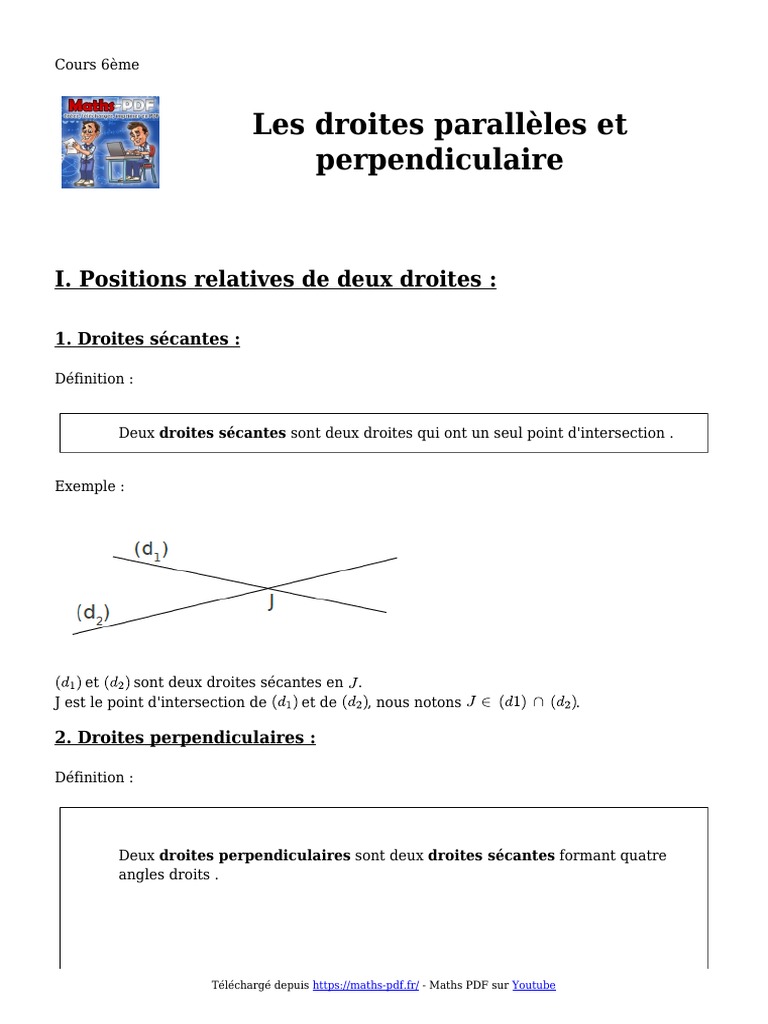 Les Droites Paralleles Et Perpendiculaire Cours de Maths en 6eme en PDF ...
