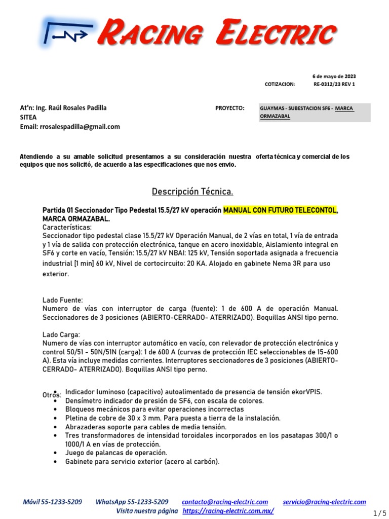 Cot 312 Sub SF6 Guaymas Ormazabal Rev 1 PDF | PDF | Corriente eléctrica | USB