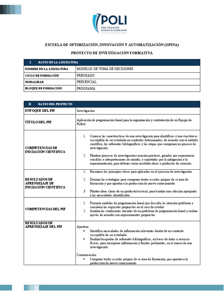 PIF_ Modelo Toma de decisiones_VF (1) | PDF | Programación lineal | Toma de decisiones