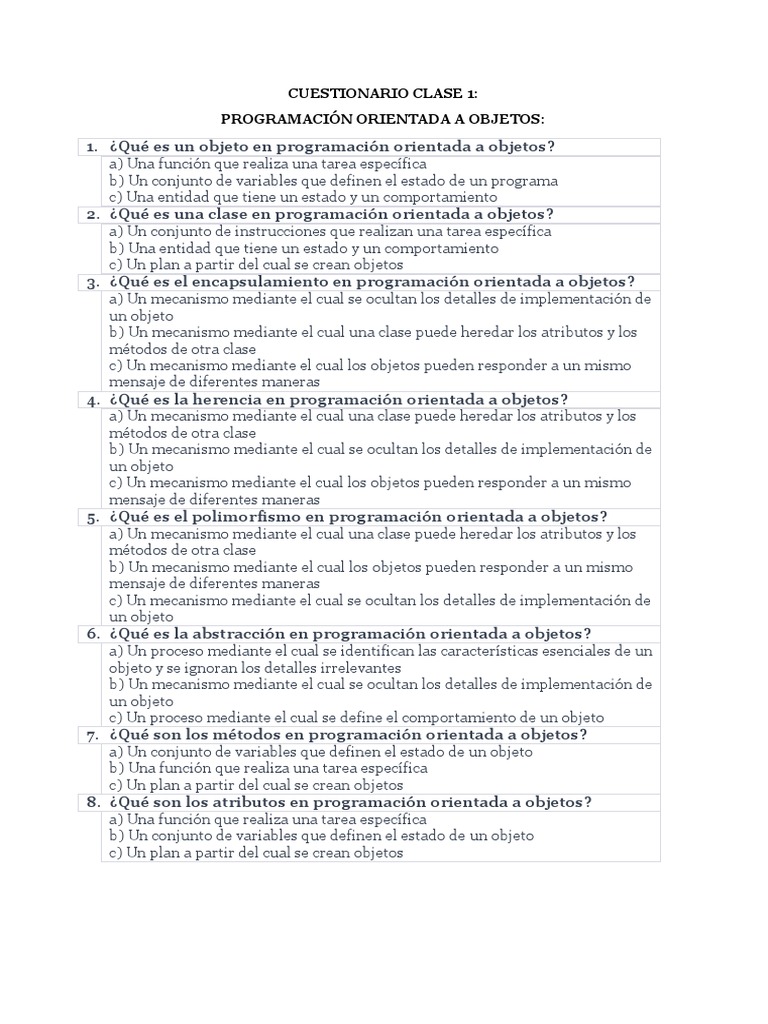 Cuestionario 1 | PDF | Lenguaje de programación | Objeto (informática)