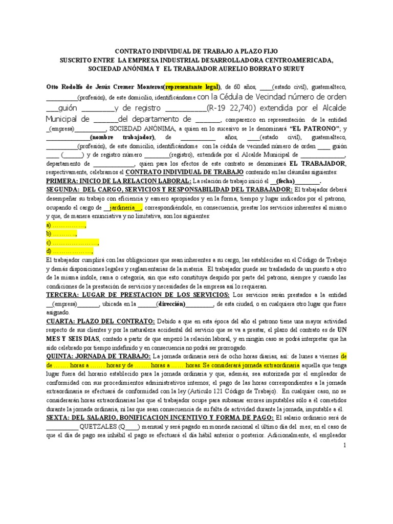 Contrato Individual de Trabajo A Plazo Fijo | PDF | Derecho laboral