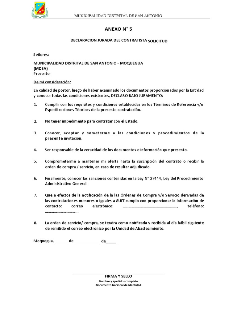 Anexo #05 Declaracion Jurada Del Contratista | PDF