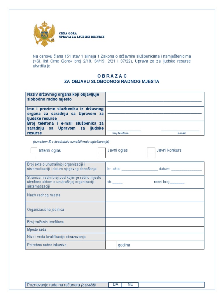 Obrazac Za Objavu Slobodnog Radnog Mjesta 1 | PDF
