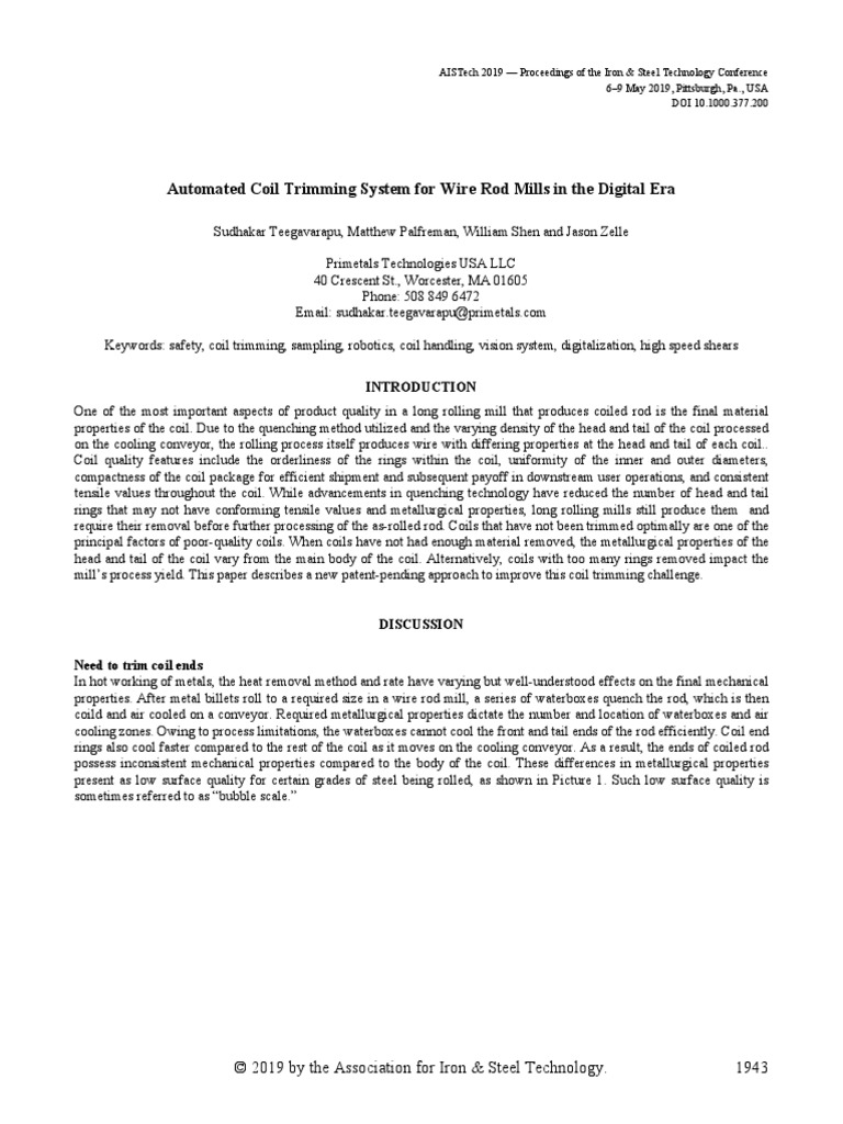 Automated Coil Trimming System For Wire Rod Mills in The Digital Era ...