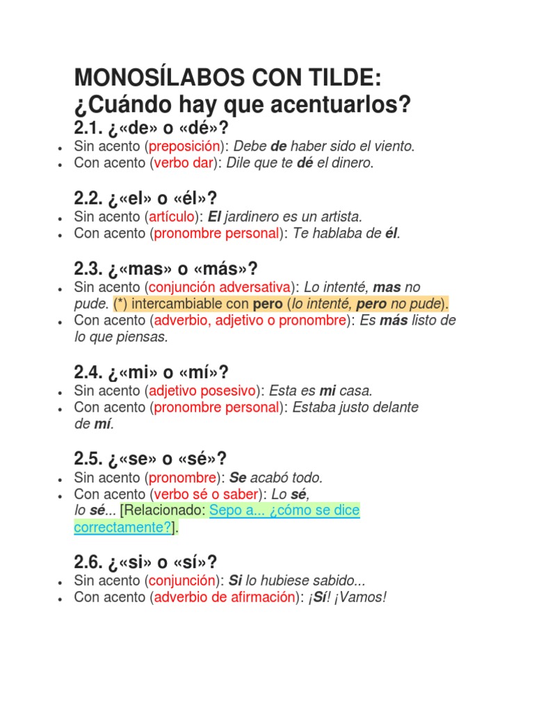 8 Monosilabos Sin Tilde | PDF