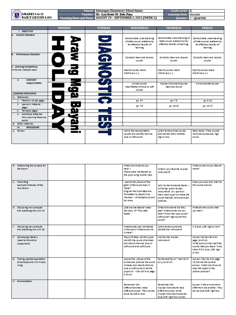 DLL - English 2 - Q1 - W1 | PDF | Learning | Sound
