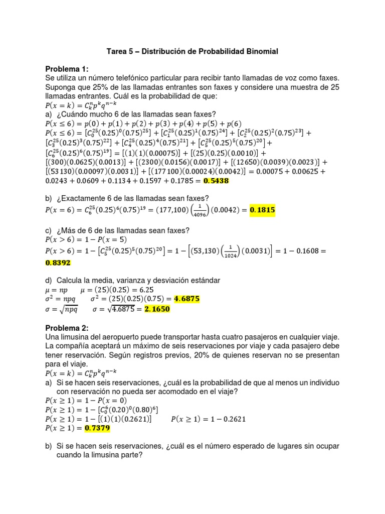 Solución Tarea 5 - Distribución de Probabilidad Binomial PDF | PDF