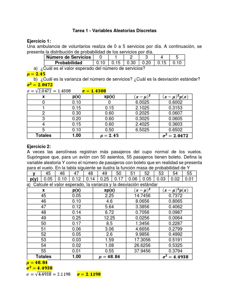 Solución Tarea 1 - Variables Aleatorias Discretas PDF | PDF | Variable aleatoria | Probabilidad