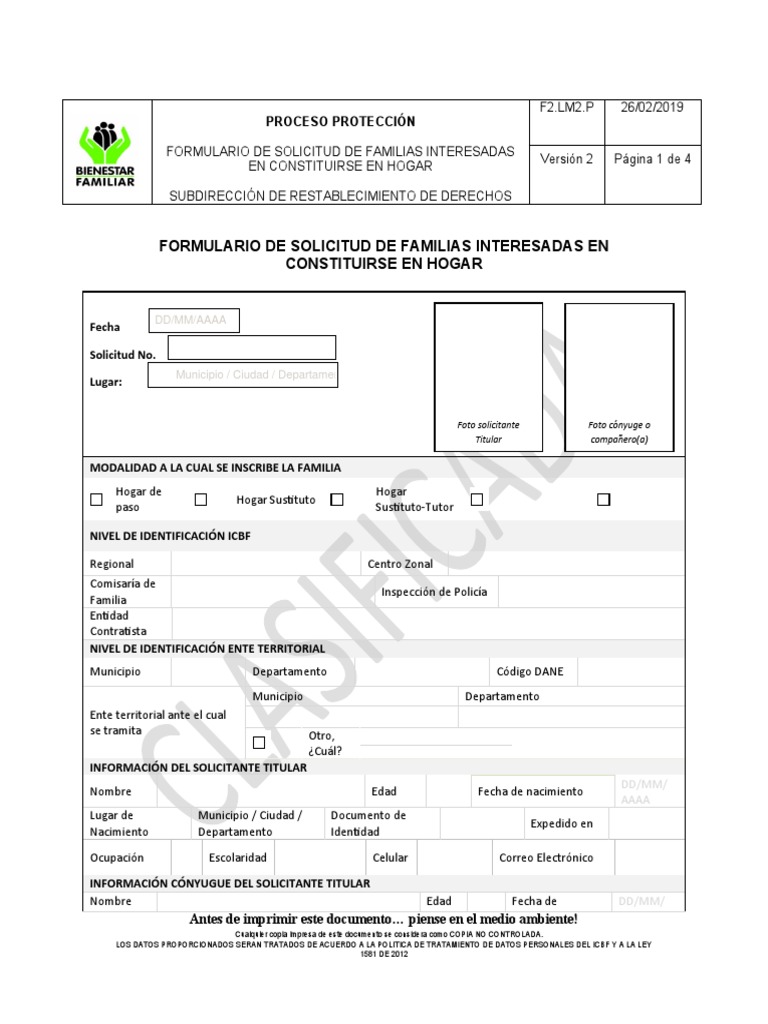 f2.lm2 .P Formato Formulario de Solicitud de Familias Interesadas en Constituirse en Hogar v2 | PDF