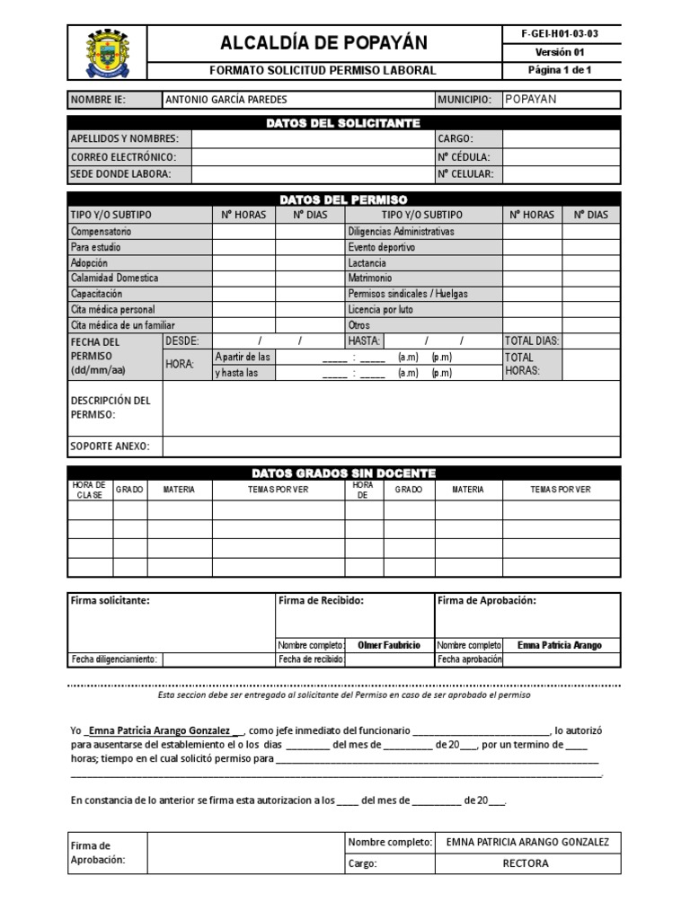 FORMATO PERMISO LABORAL.xlsx - H01.03. F04 V1 | PDF