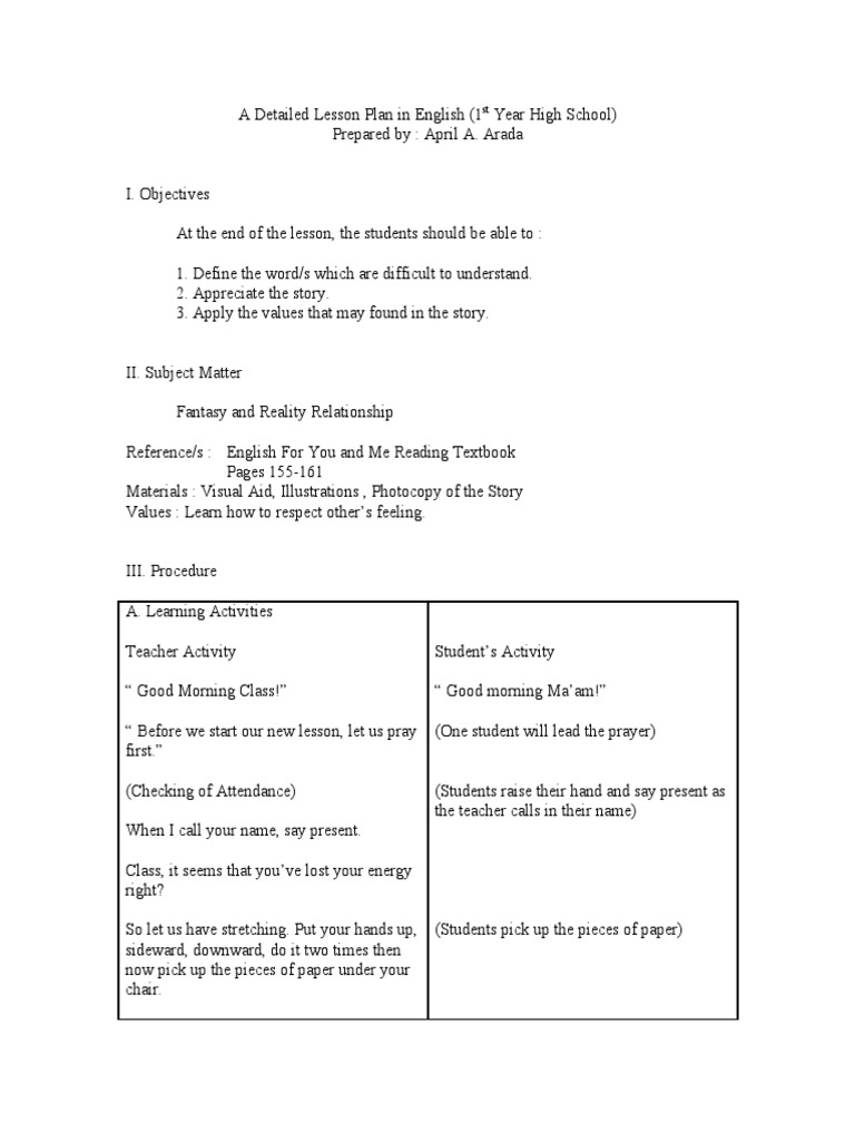 1st Year High School English Lesson Plan | PDF | Lesson Plan | Teachers
