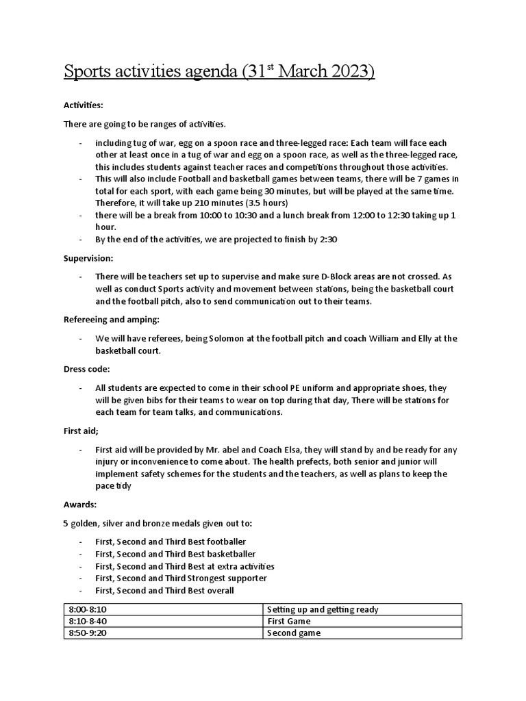 Sports Activities Agenda | PDF | Sports