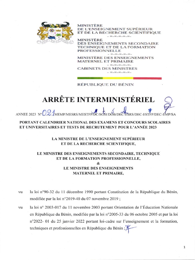 Arrete Interministeriel Portant Calendrier Examens Nationaux Et Concours | PDF | Enseignement ...