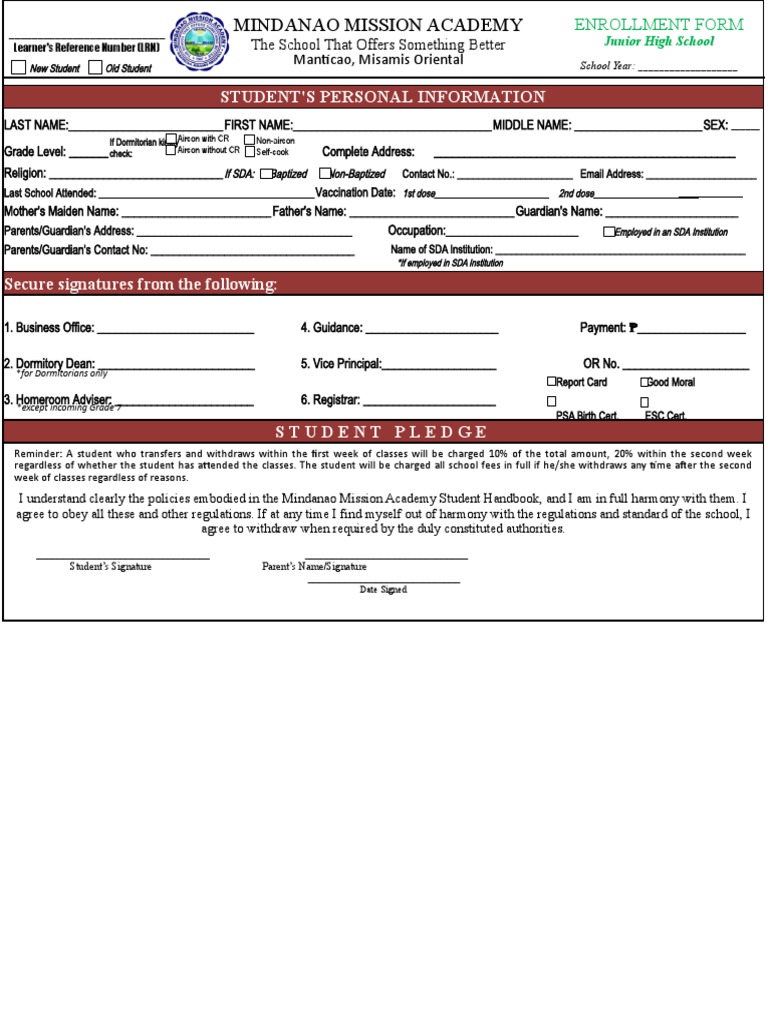 Enrollment Form JHS FINAL | PDF