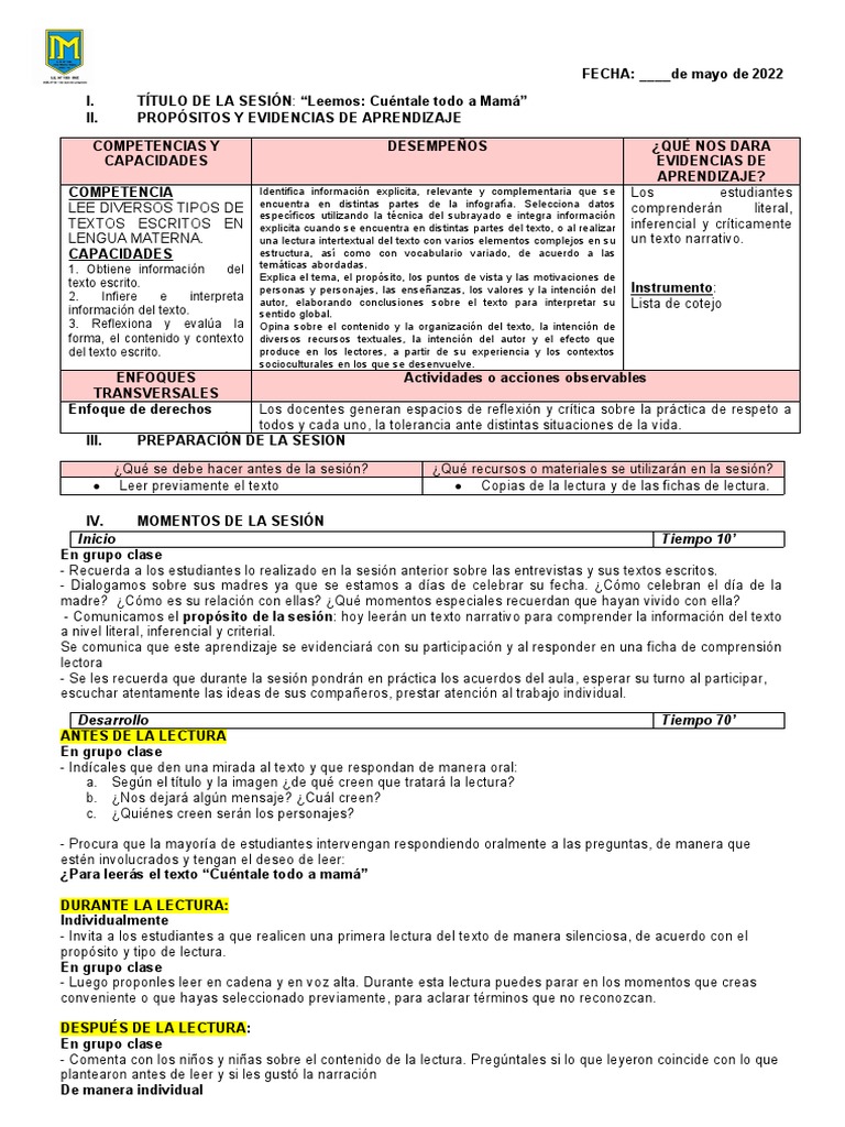 Sesion 2 Cuéntale Todo A Mamá | PDF | Aprendizaje | Lingüística