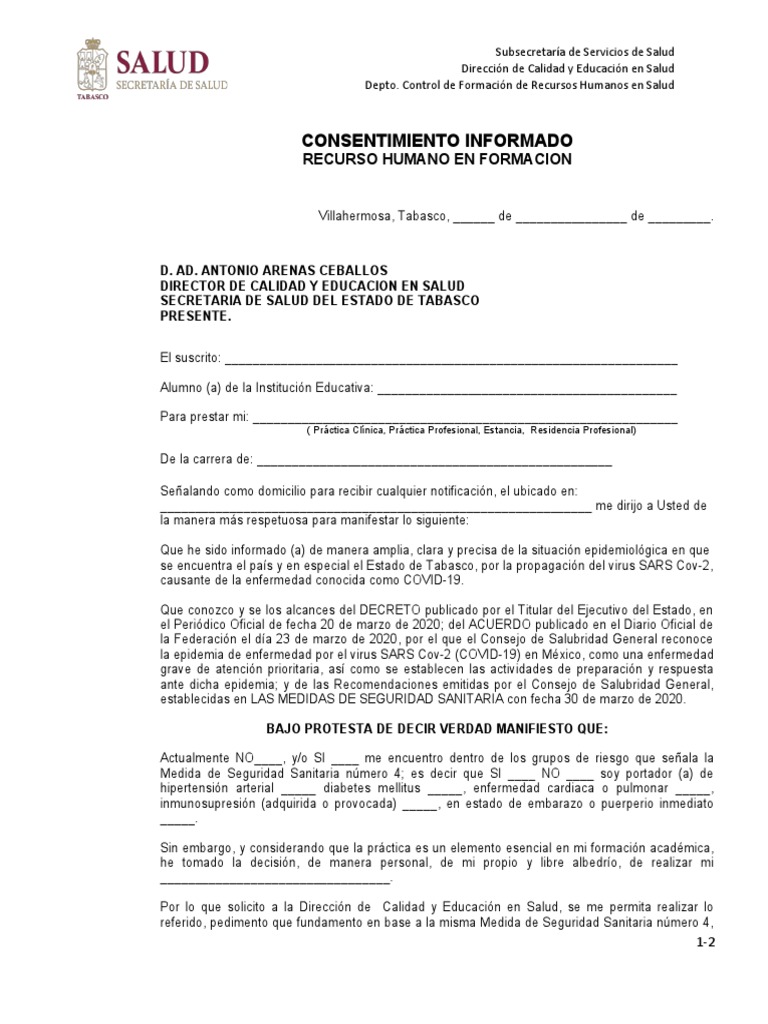 Formato CONSENTIMIENTO INFORMADO PRACTICAS | Descargar gratis PDF ...