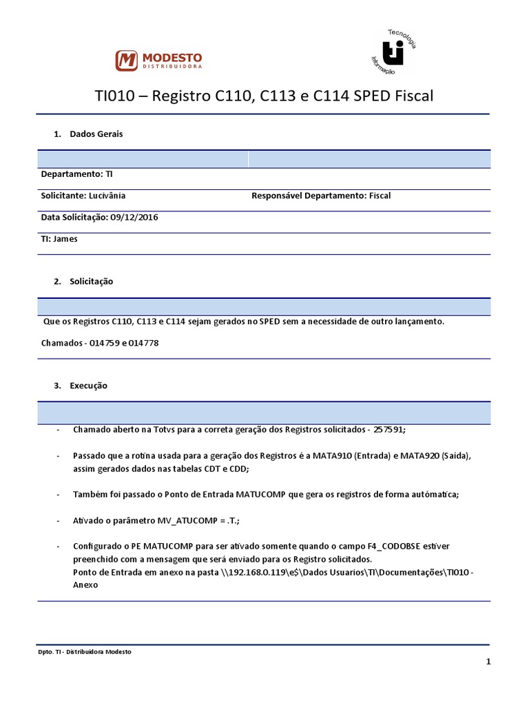 TI010 - Registros C110 Sped Fiscal | PDF