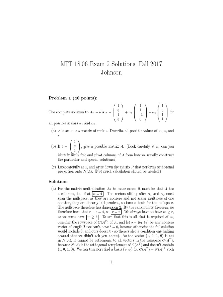 MIT 18.06 Exam 2 Solutions for Least Squares Problems | PDF | Matrix ...