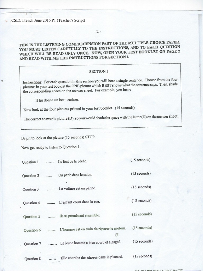 CSEC French June 2016 P1 Teachers Script PDF | PDF