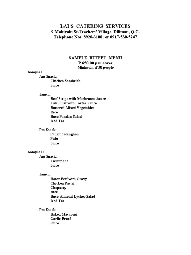 Buffet Lunch and Snack Menu For Seminars P650 | PDF | Lunch | Salad