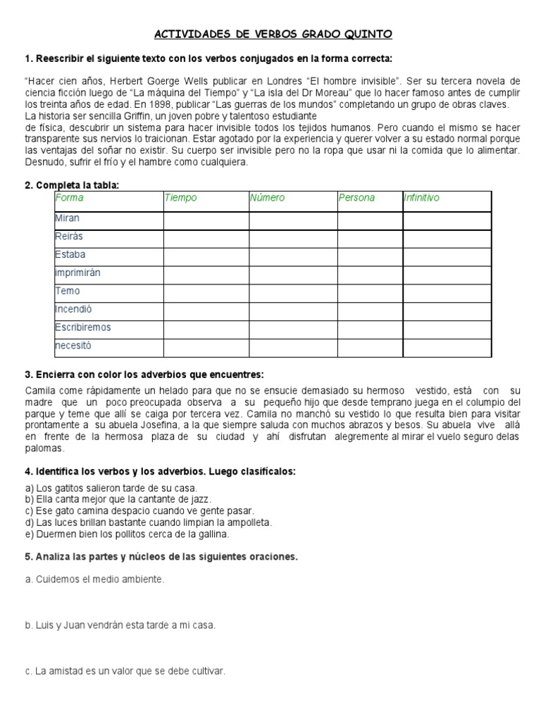 Actividades Verbo y Oración Grado Quinto | PDF