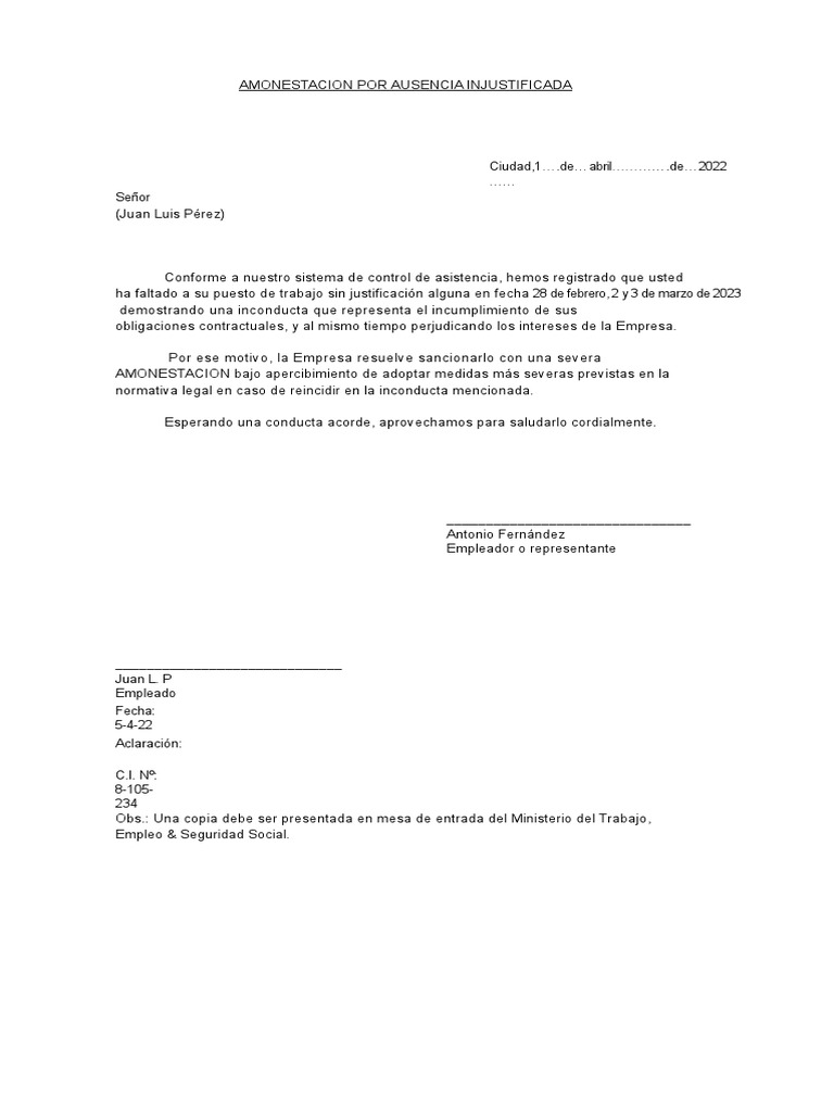 New - Amonestacion Por Ausencia Injustificada | PDF New - Amonestacion Por Ausencia Injustificada | PDF