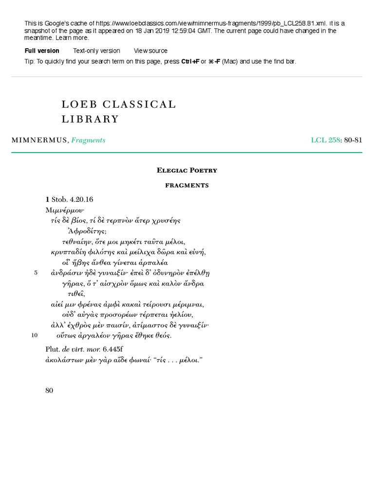 MIMNERMUS, Fragments - Loeb Classical Library | PDF