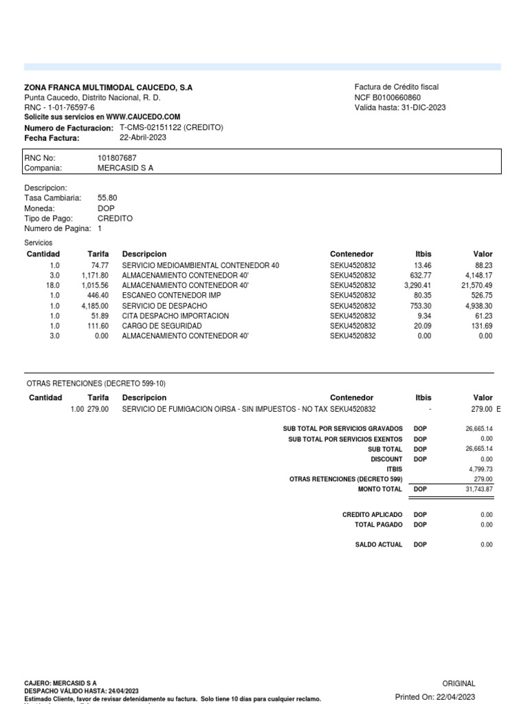 Factura Servicios Zona Franca Caucedo | PDF