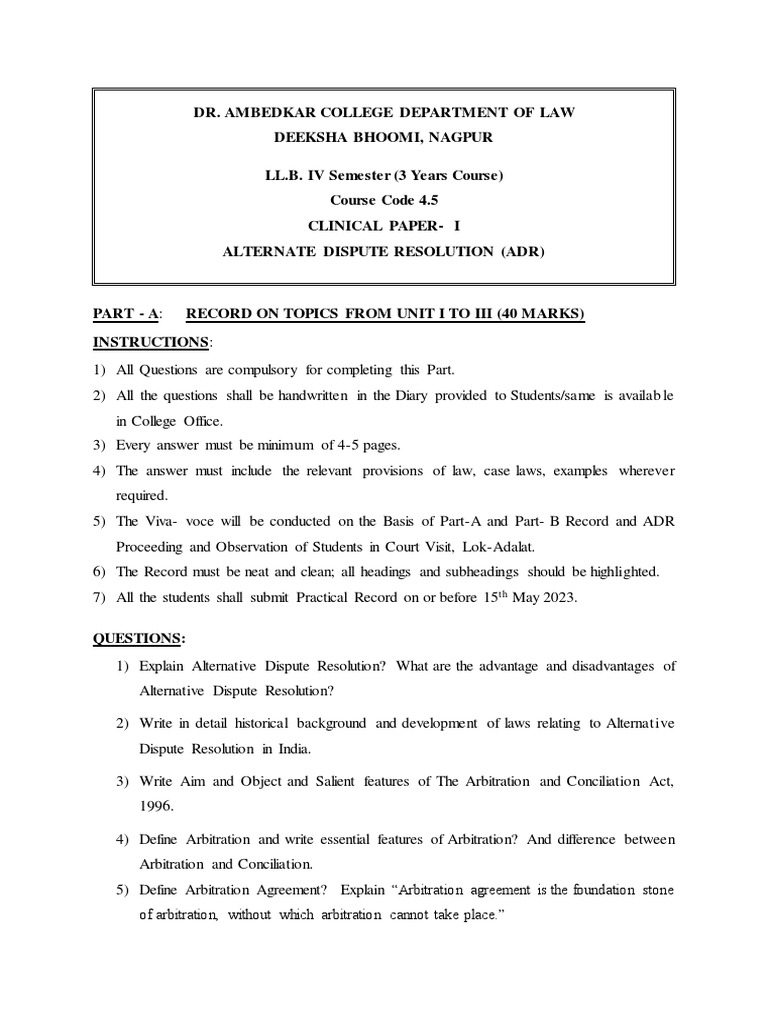 ADR 4 Sem 3 Yr Questions | PDF | Alternative Dispute Resolution ...