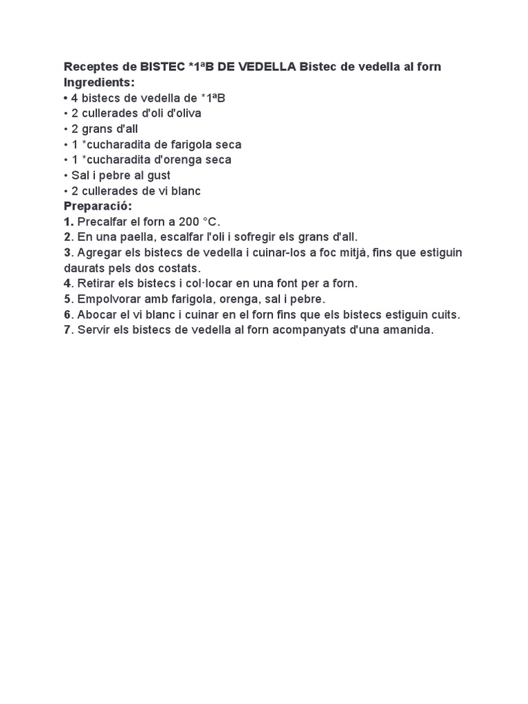 Receptes de BISTEC _1ªB DE VEDELLA Bistec de vedella al forn .pdf | PDF