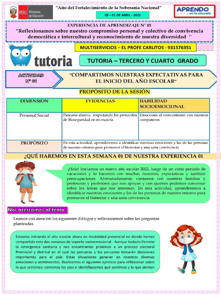Experiencia de Aprendizaje 01 - Actividad 1 - 3ero y 4to Grado - 2022 - Tutoria - 1 PDF | PDF