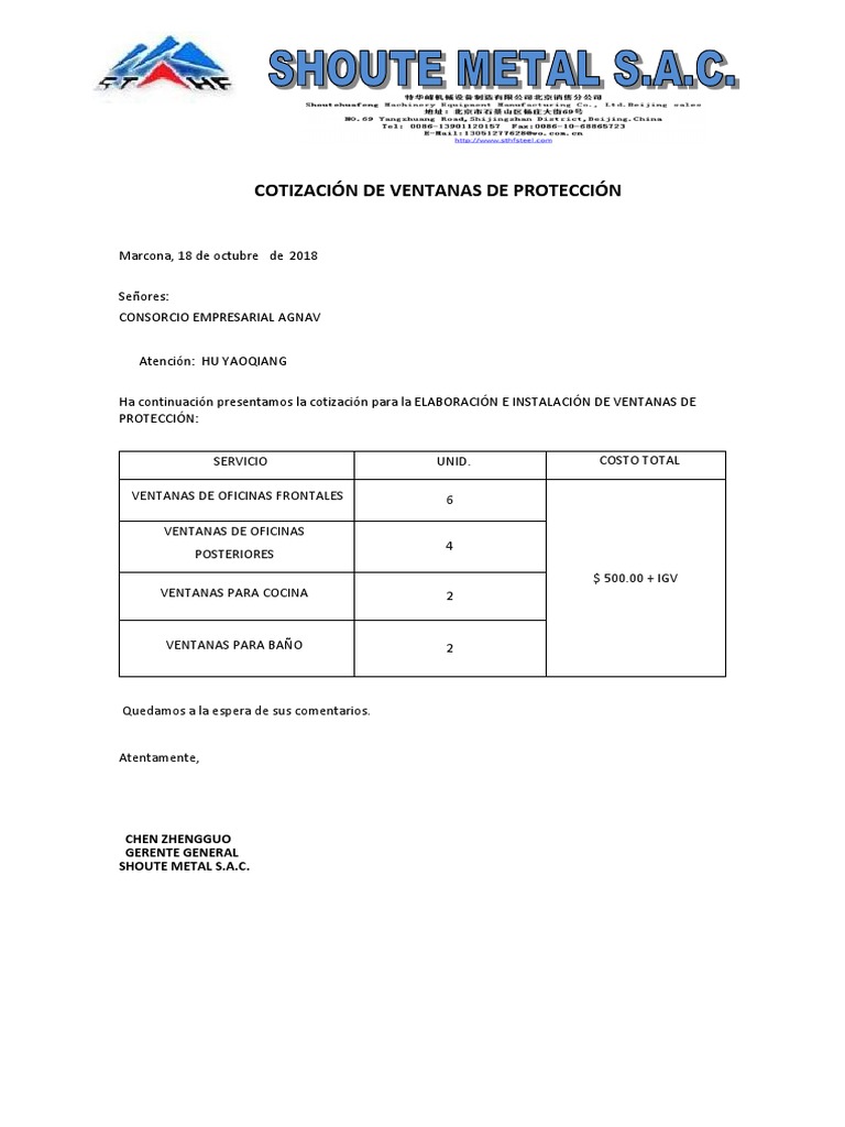 Cotizacion Elaboración de Ventanas de Protección Agnav | PDF | Tecnología