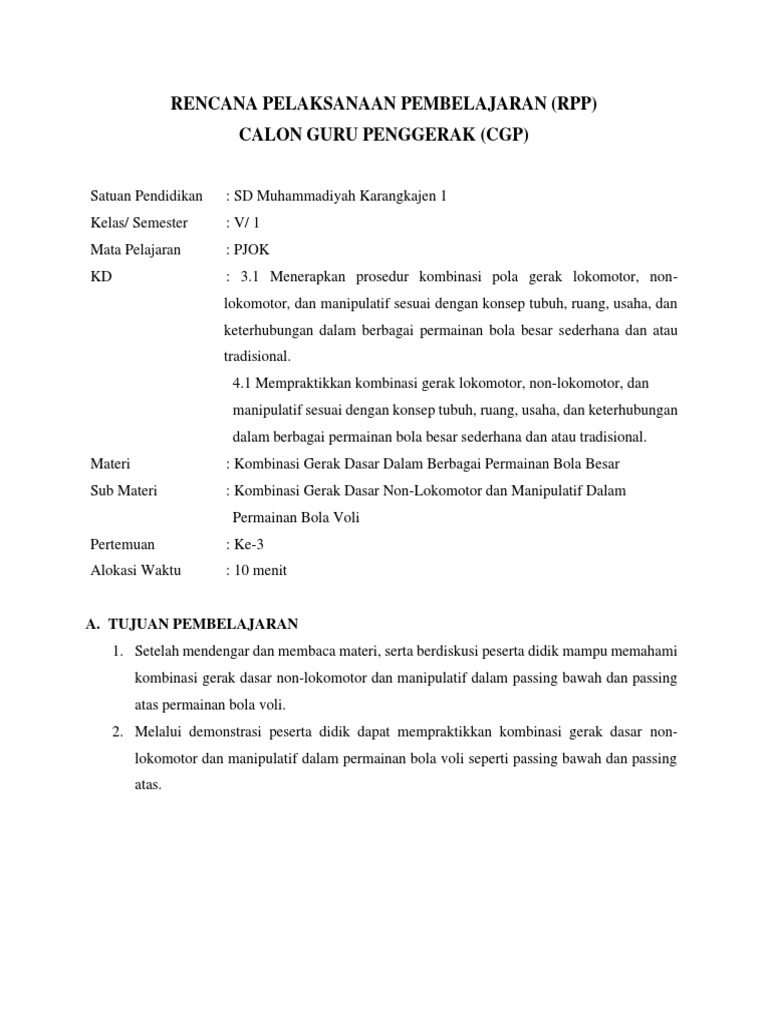 RPP Pjok Kelas 5 Bola Voli Simulasi CGP 2022 | PDF | Karier & Perkembangan