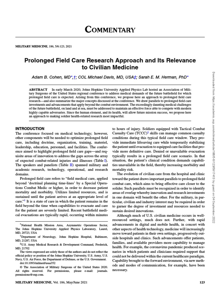 Prolonged Field Care Research Approach and Its Relevance To Civilian ...
