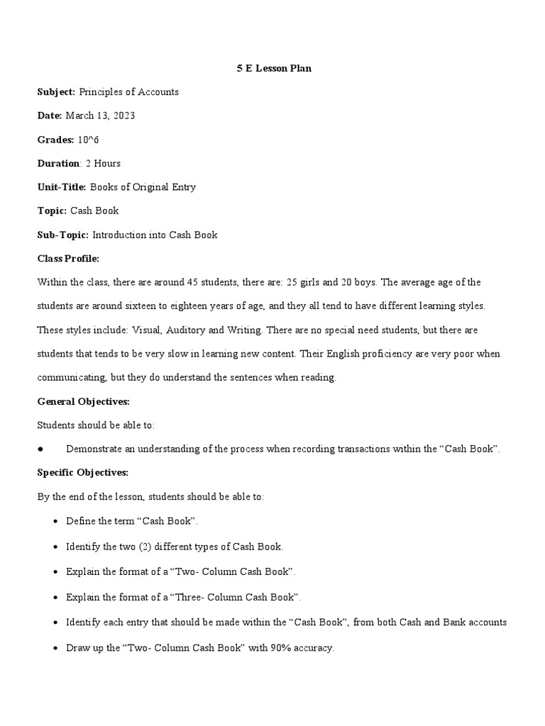 5 E Lesson Plan | PDF | Debits And Credits | Learning