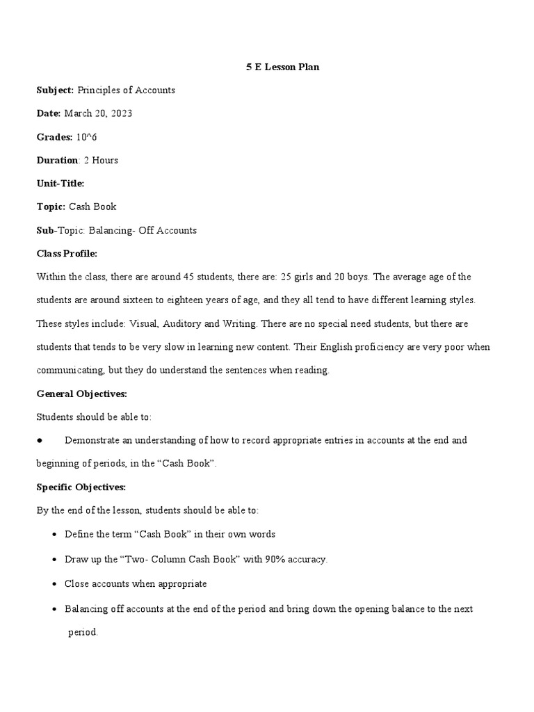 Revisiting Cash Books: A 5E Lesson Plan for Balancing Accounts | PDF ...