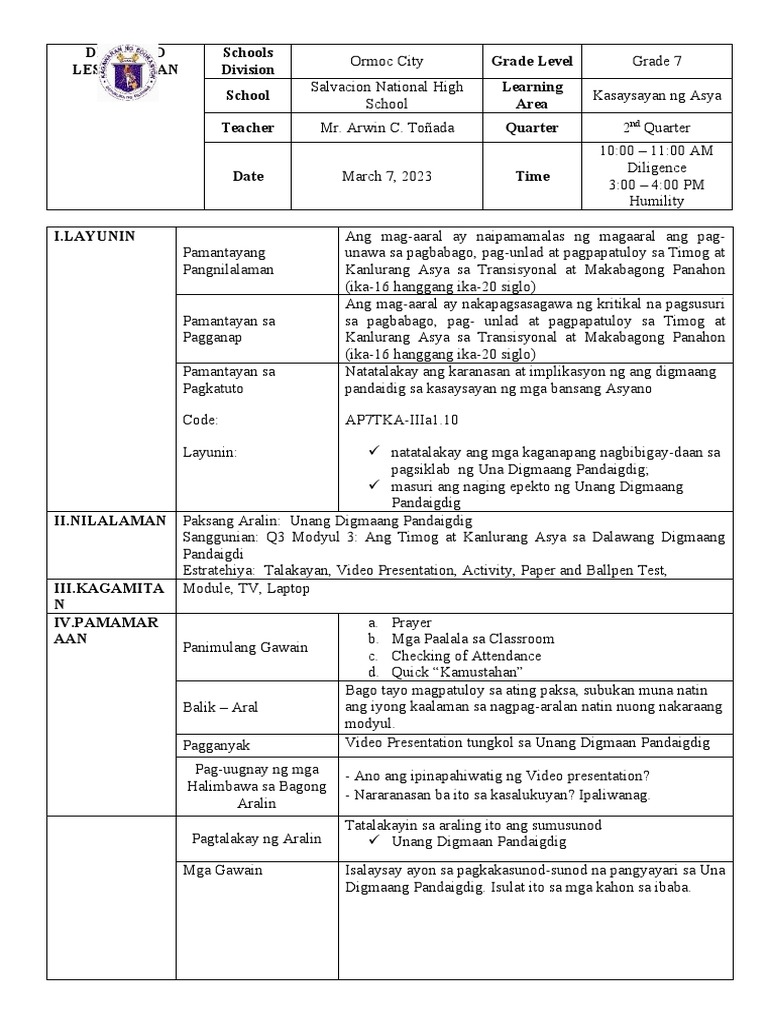 Detailed Lesson Plan Schools Division Grade Level School Learning Area ...
