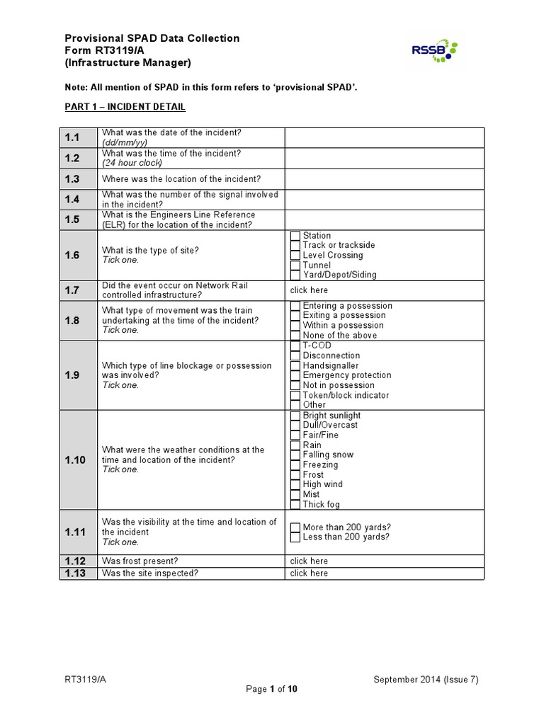 Provisional SPAD data collection form | PDF | Land Transport | Rules