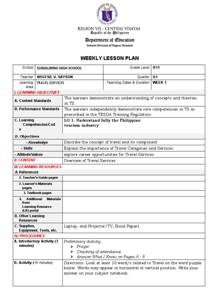 Prototype Lesson Plan Template Travel Services W1 | PDF | Tourism ...