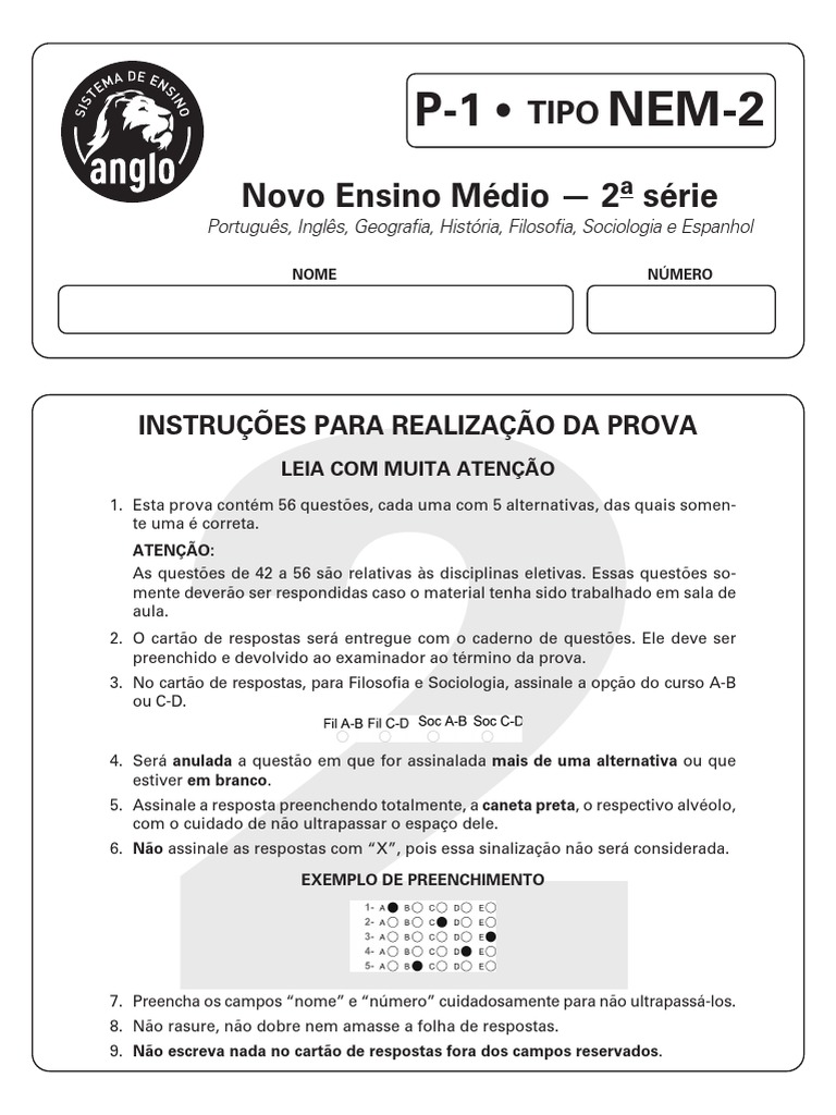 Prova de múltipla escolha avalia disciplinas do 2o ano do Ensino Médio | PDF | Meningite | Plástico