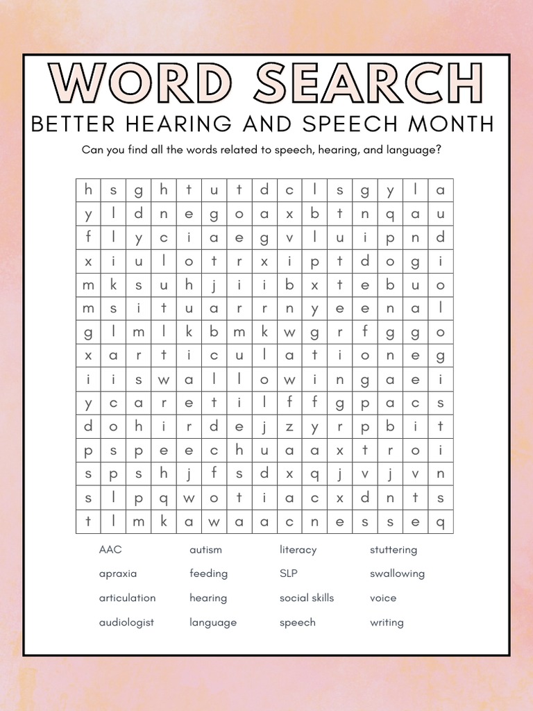 Color and B&W Better Speech and Hearing SLP Word Search Worksheet | PDF
