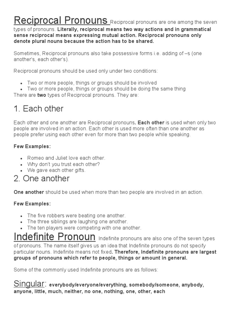 Reciprocal Pronouns | PDF | Pronoun | Noun