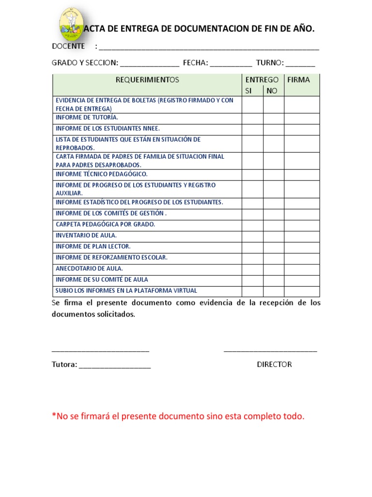 Acta de Entrega de Documentacion de Fin de Año | PDF