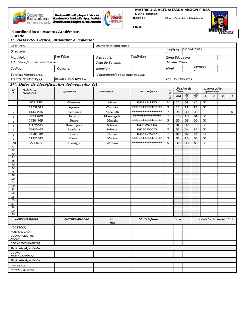 Formato Matricula Actualizadas Mision Ribas | PDF