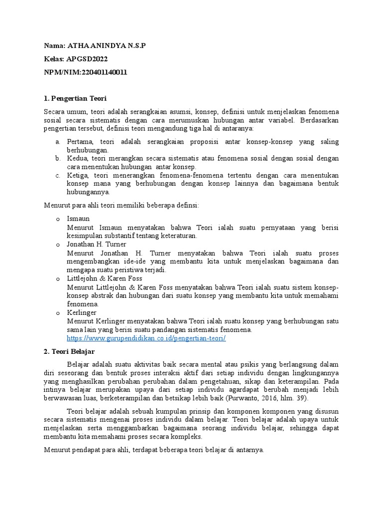 Pengertian Teori, Teori Belar Dan Pembelajaran (ATHA ANINDYA) | PDF